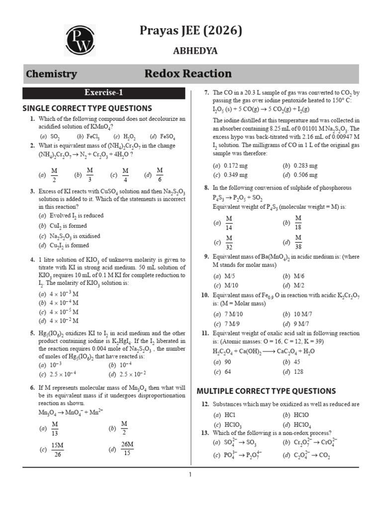 Redox Reaction - Standard Practice Sheet (JEE Advanced) - Abhedya | PDF | Titration | Chemistry