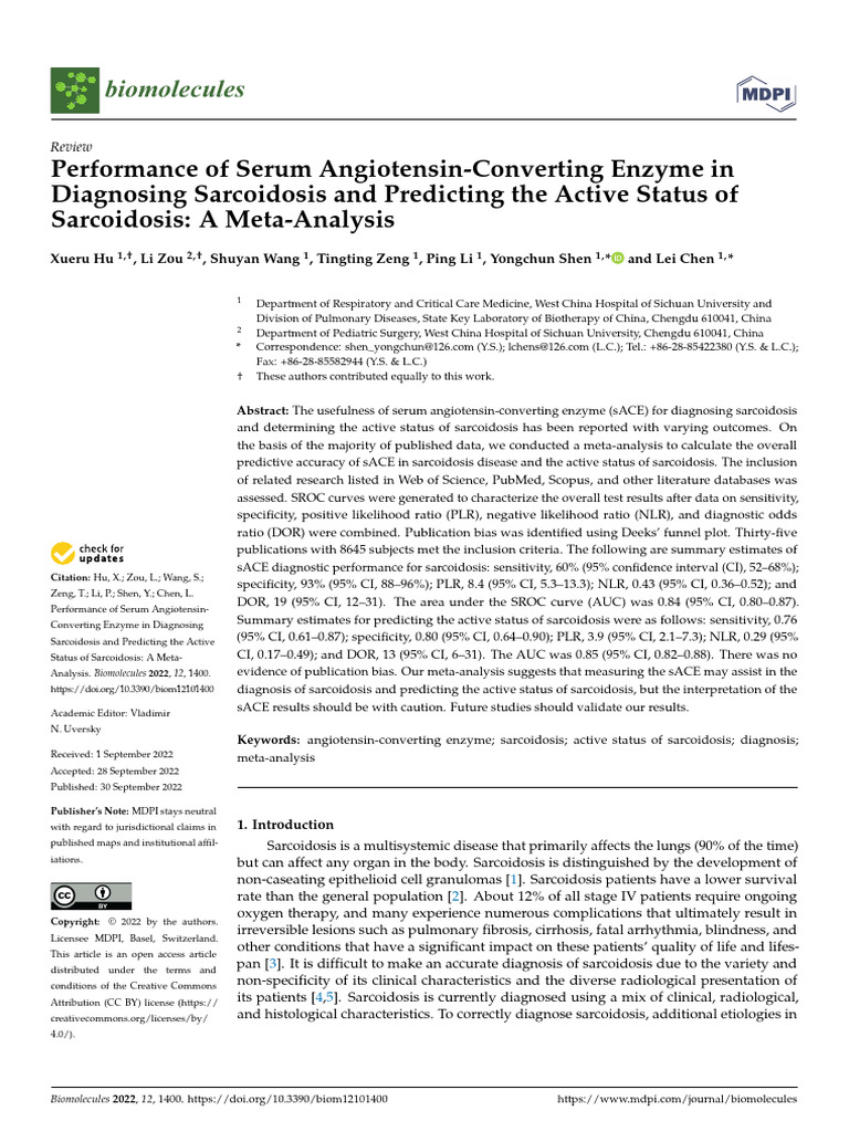 Performance of Serum Angiotensin-Converting Enzyme | PDF | Sensitivity ...
