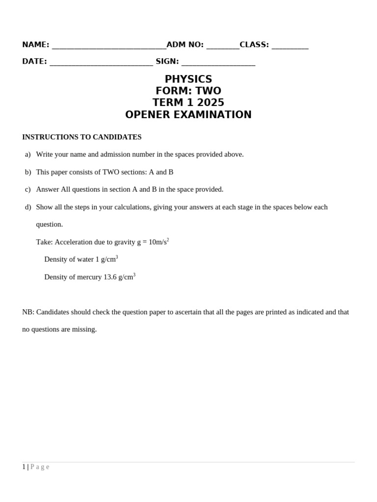 2025 Physics f2 Qs t1 Exam 1 Teacher Co Ke | PDF | Density | Mass