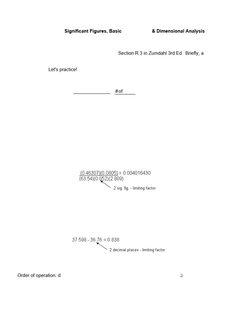 Worksheet 01 Significant Figure, Basic Calculations & Dimentional ...