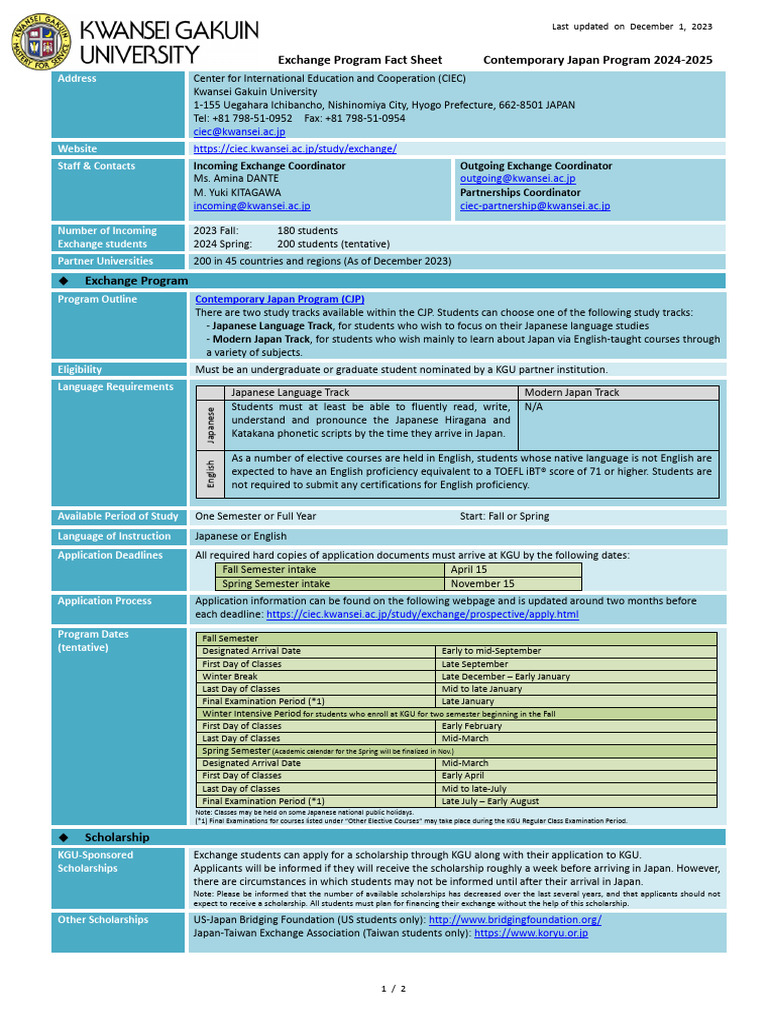 2024-25 KGU Exchange Program Fact Sheet - Incoming KGU | PDF | Academic ...