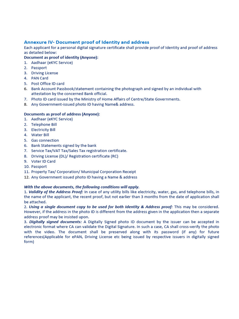 Identity and Address Proof for DSC | PDF | Identity Document | Access ...