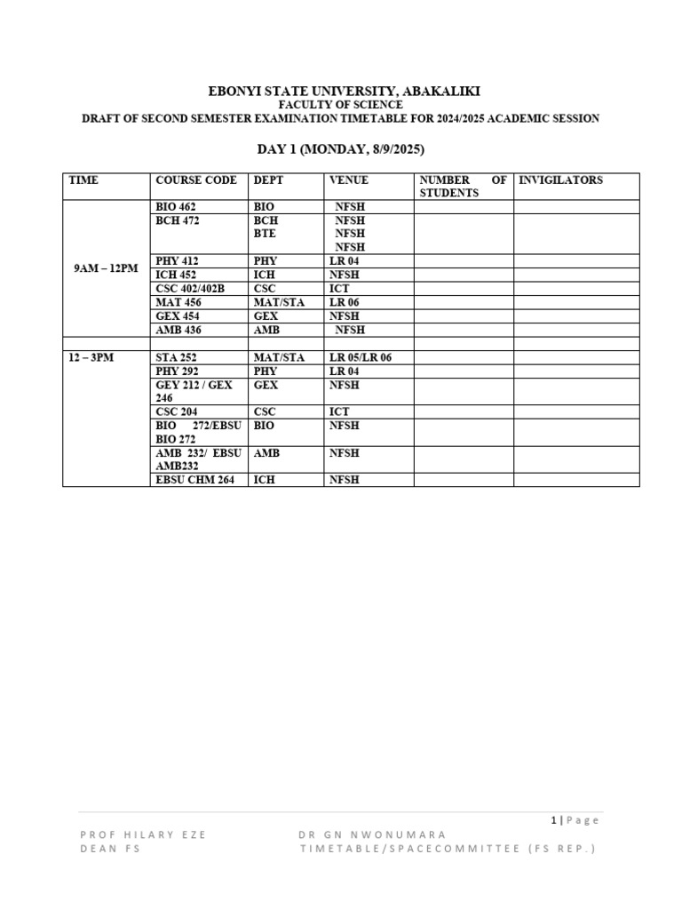 Updated Second Semester 2024-2025 Exam Timetable For Faculty of Science | PDF | Physical ...