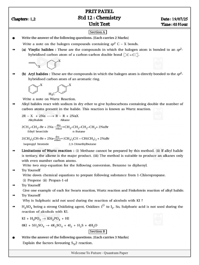 Std 12 Chemistry Unit Test Paper | PDF