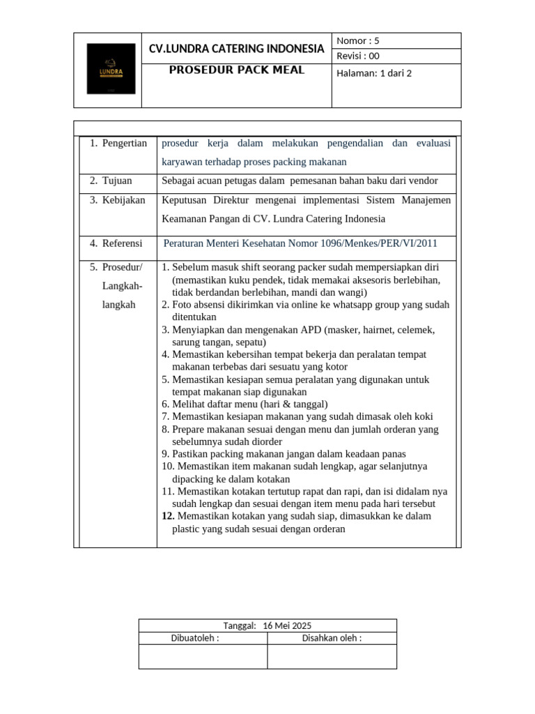 Prosedur Packing Meal di Lundra Catering | PDF