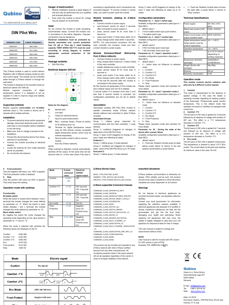 Qubino ZMNHUD1 DIN Pilot Wire Module | PDF | Power Supply | Switch