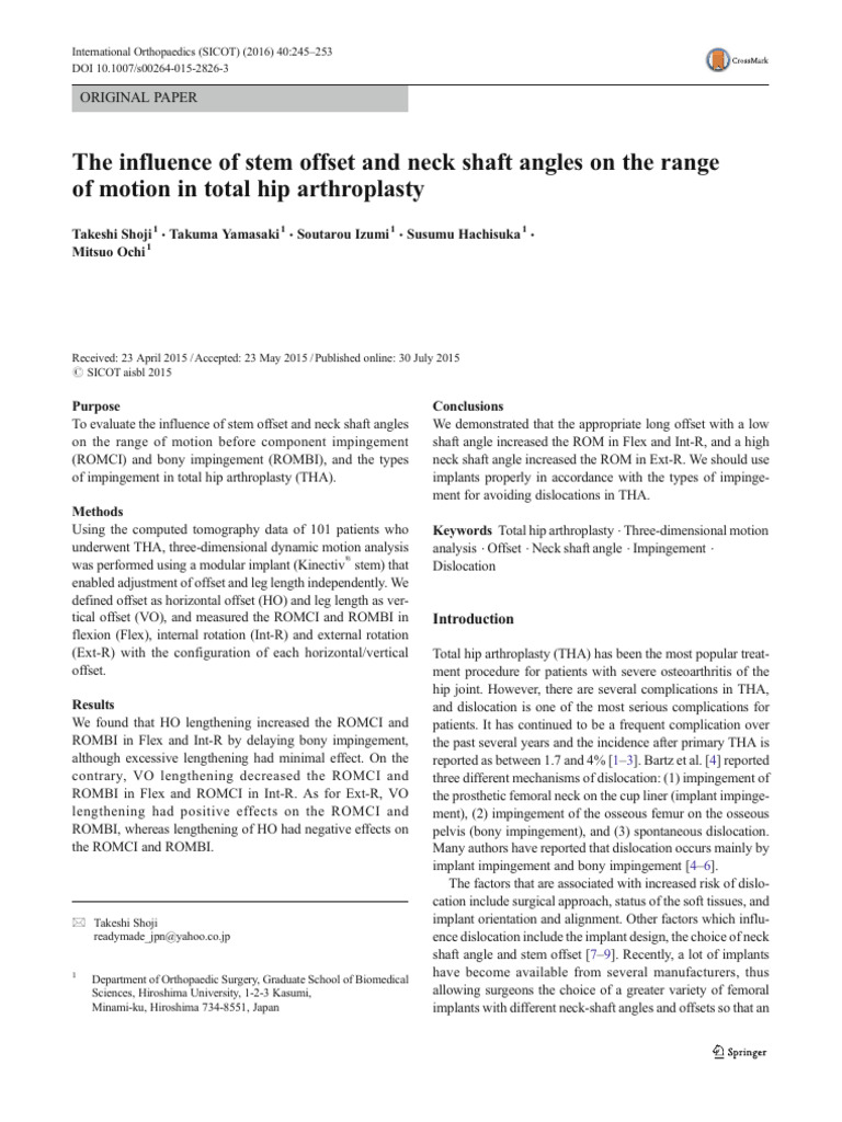 The Influence of Stem Offset and Neck Shaft Angles On The Range | PDF ...