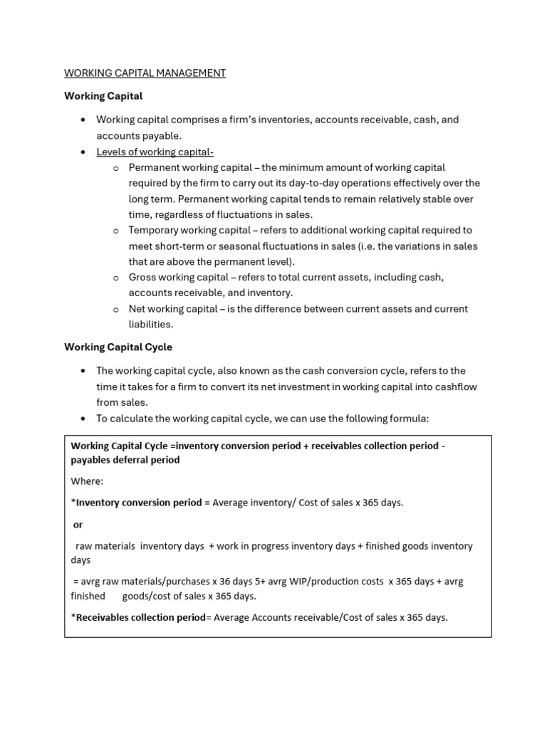 Working Capital Management Notes Management Accounting | PDF ...