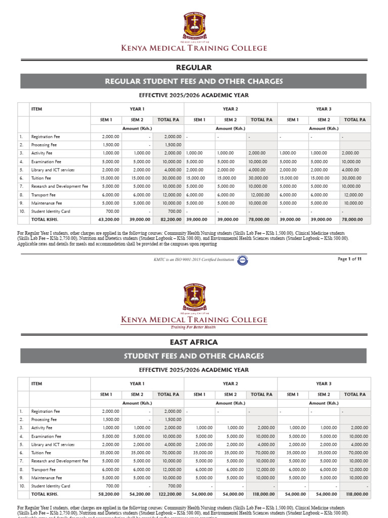 KMTC Fee Structure 2025/2026 | PDF | Physical Therapy | Health Professional