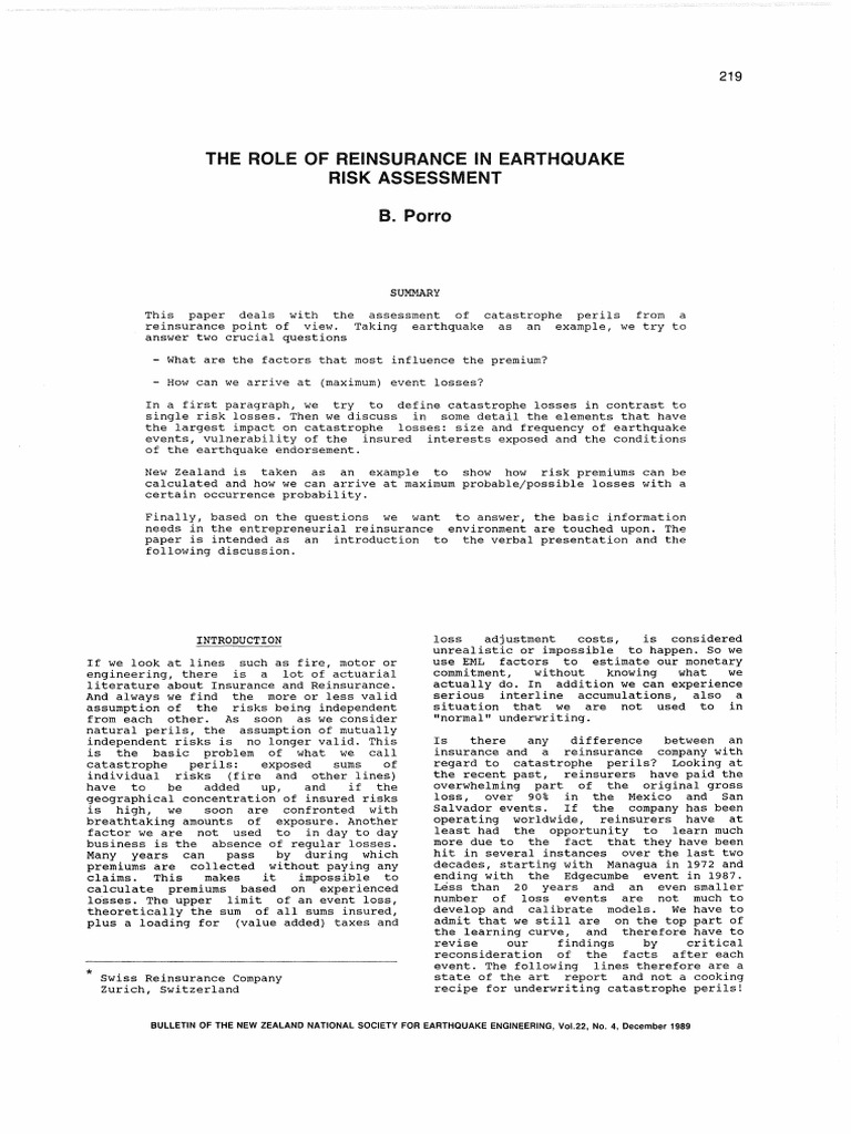 Reinsurance and Earthquake Risk Assessment | PDF | Insurance | Earthquakes