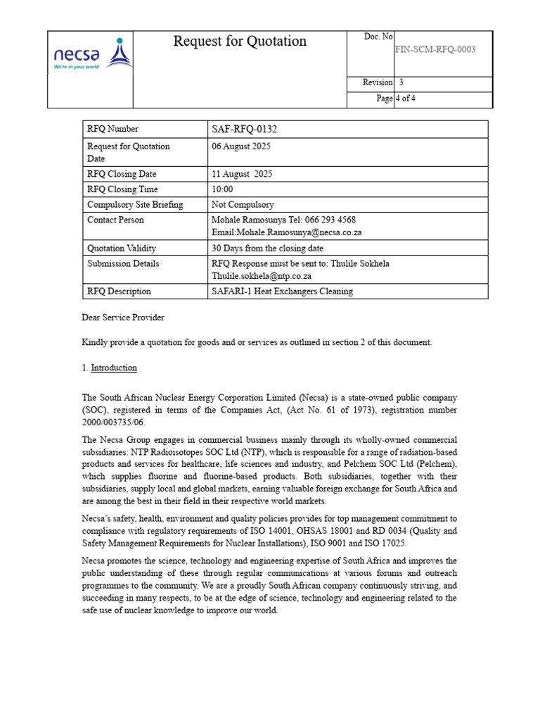 SAF-RFQ-0132 RFQ Heat Exchangers Cleaning | PDF | Heat Exchanger ...