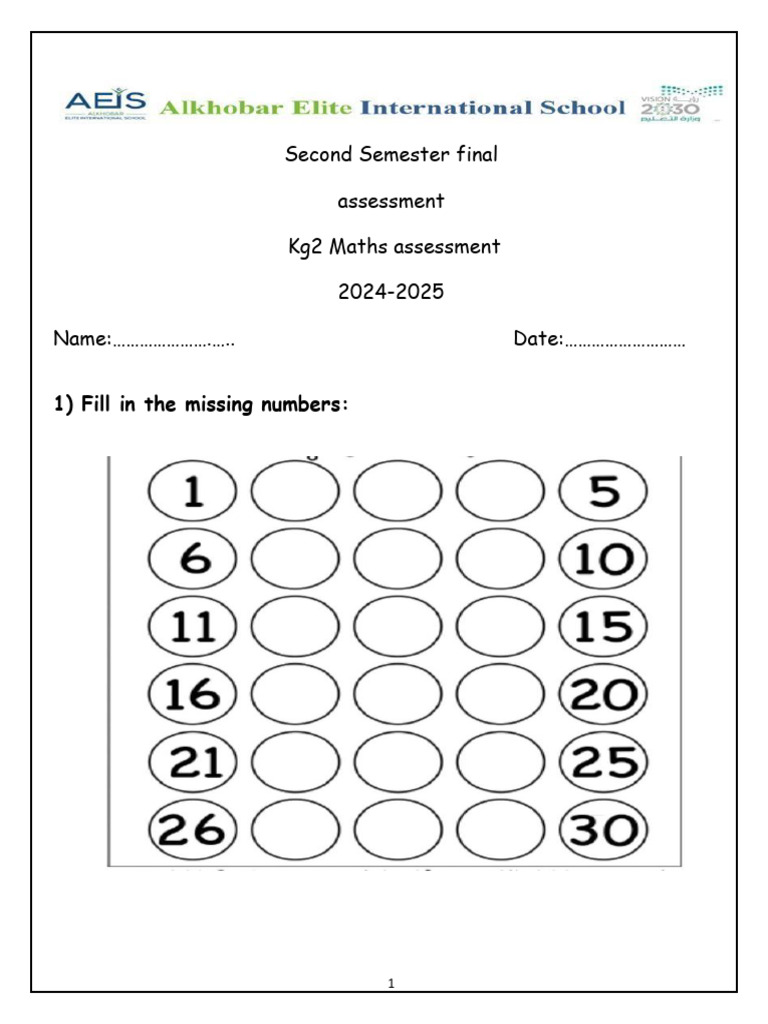 KG2 Maths Assessment 2024-2025 | PDF