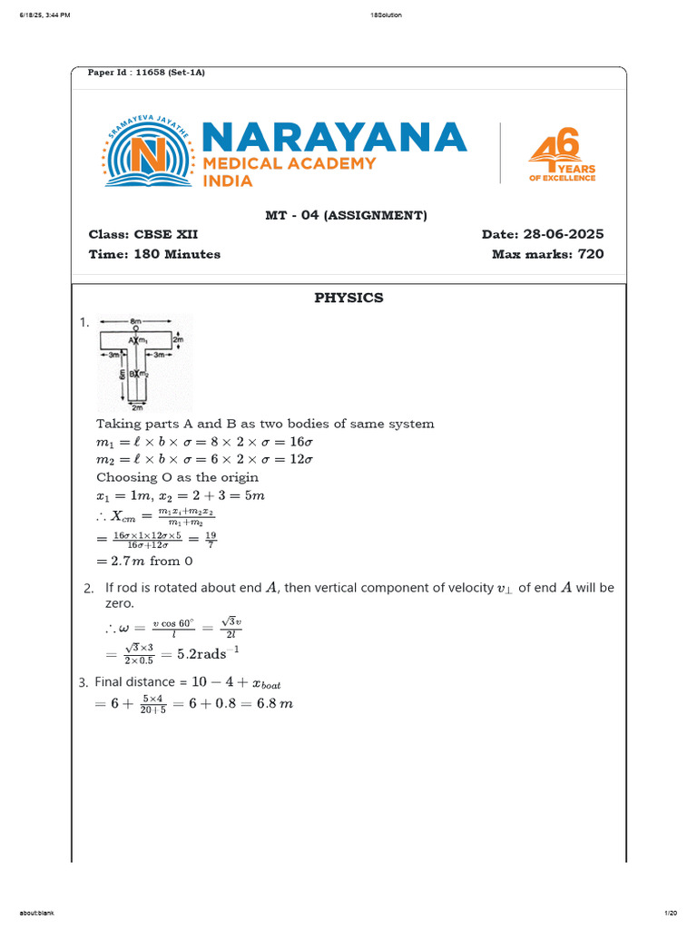 MT - 04 (Assignment) (28-06-2025) - Sol - 11658 | PDF | Torque ...