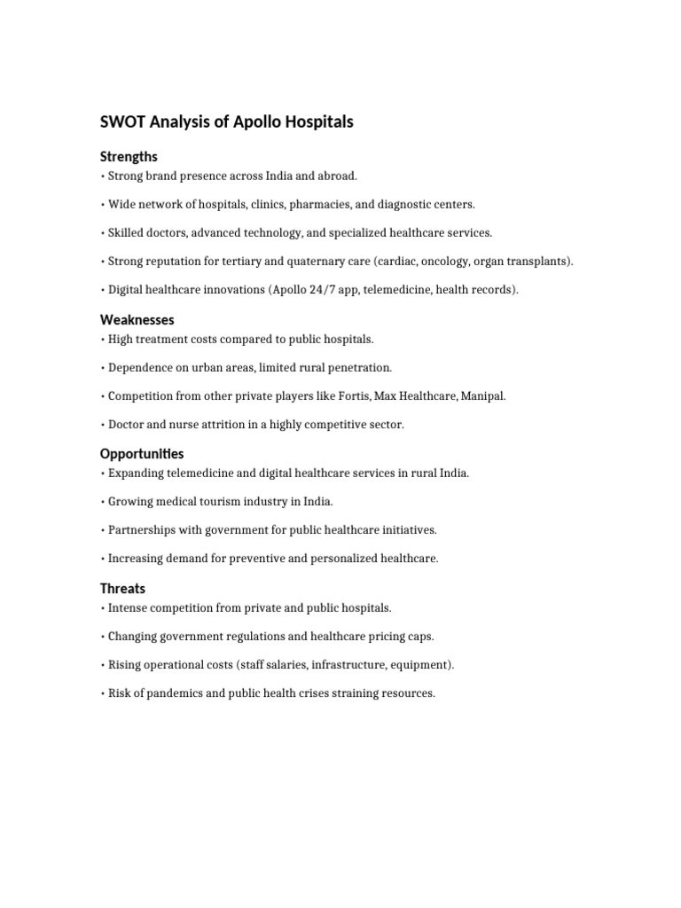 Apollo Hospitals SWOT Analysis | PDF