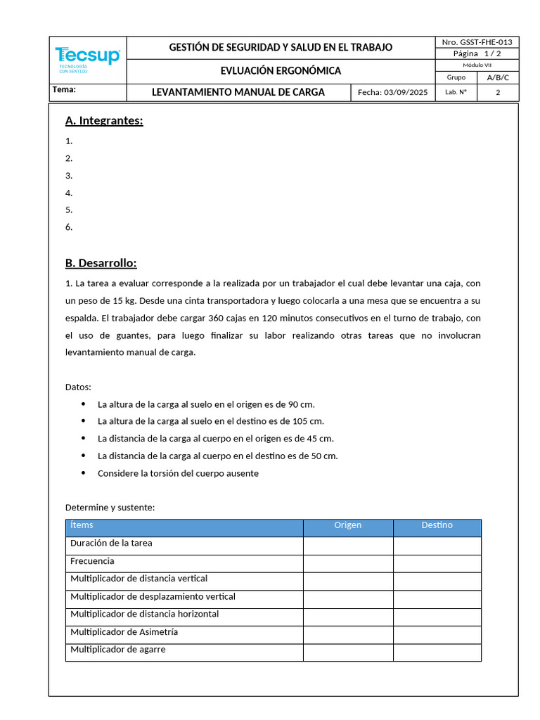 Taller 02 Levantamiento Manual de Cargas | PDF