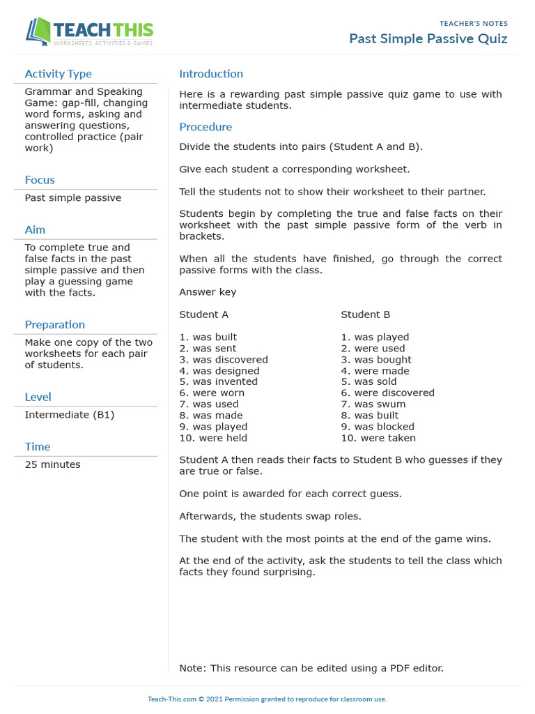 Past Simple Passive Quiz for Students | PDF | Chess Theory | Chess