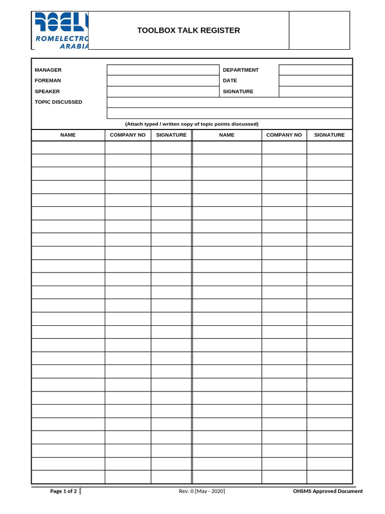 Toolbox Talk Record Sheet | PDF