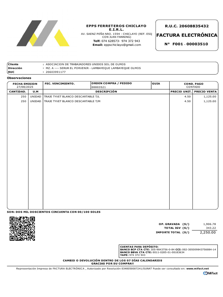 Factura Electrónica: Epps Fer R Et Er O S Chiclayo E.I.R .L | PDF | Bancario | Tecnología bancaria
