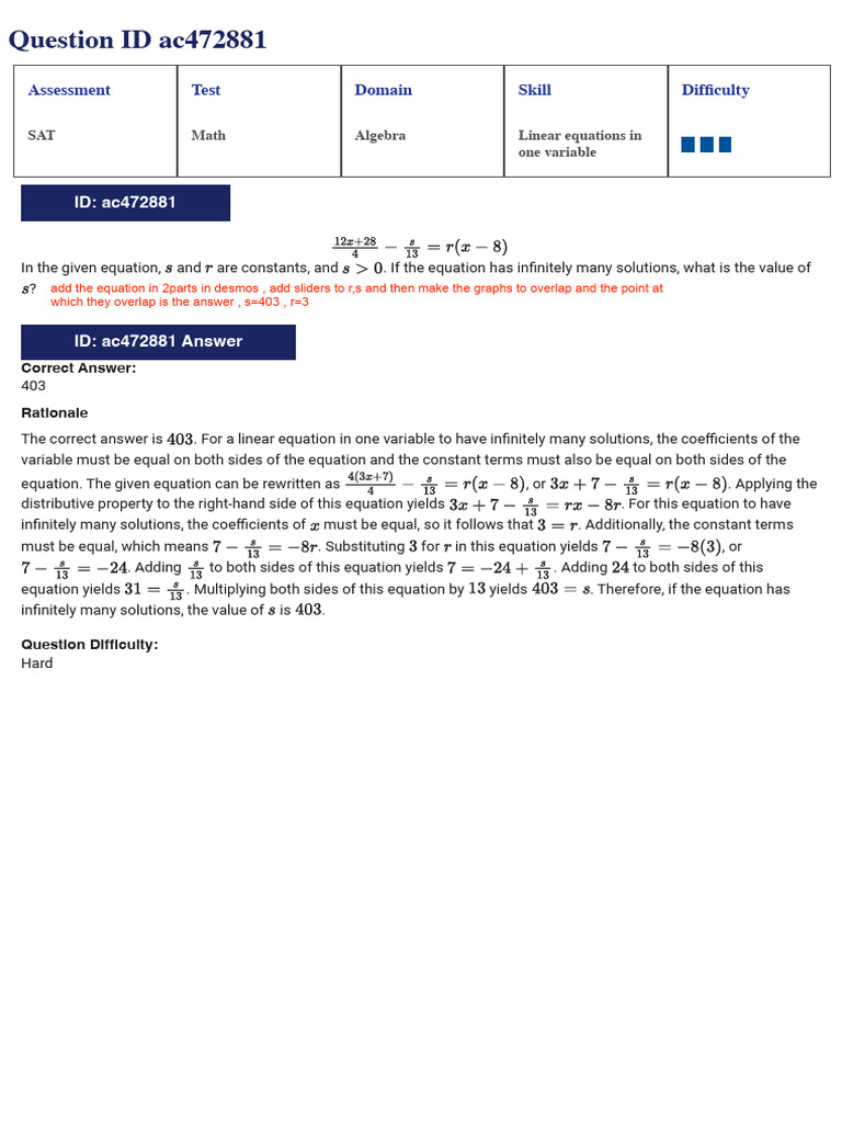 SAT Algebra: Infinite Solutions Explained | PDF | Equations | Algebra
