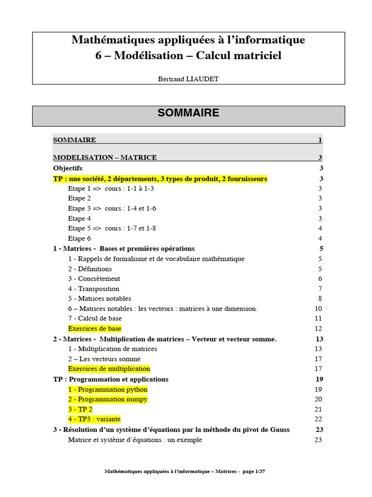Matrices en Informatique : Modélisation et Calculs | PDF | Matrice ...