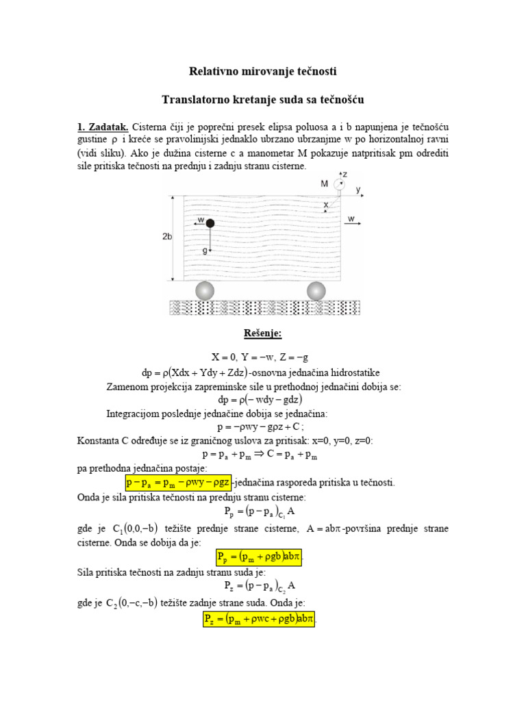 Vezba - Relativno Mirovanje Tecnosti - Translatorno Kretanje | PDF