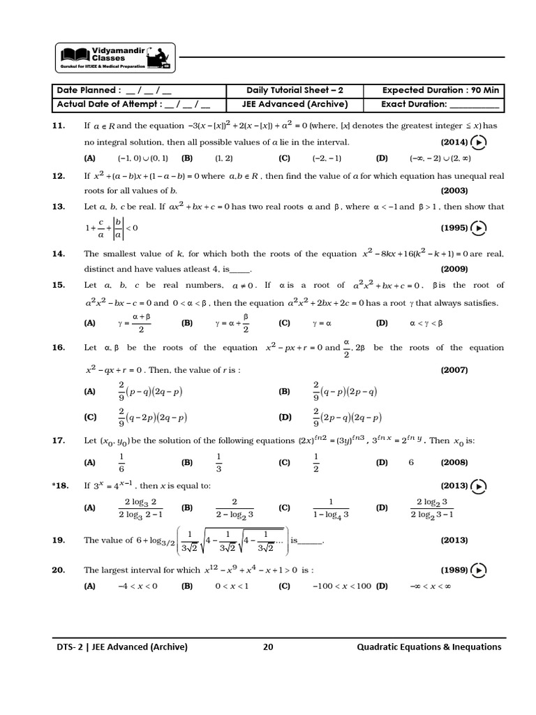 Quadratic Equations - Jee Adv. (Archive) - Dts - 2 | PDF | Equations | Abstract Algebra