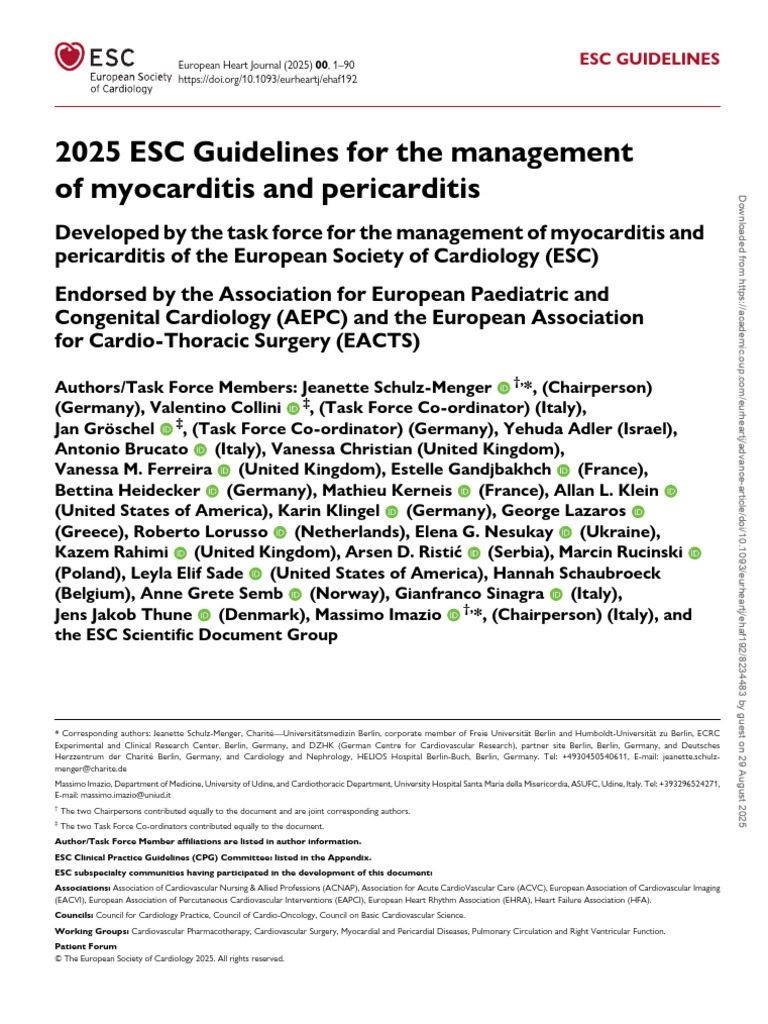 2025 ESC Guidelines: Myocarditis & Pericarditis | PDF | Medical ...