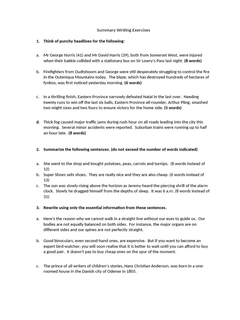 Summary Writing Exercises Guide | PDF