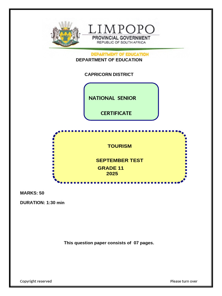 Grade 11 Tourism September Test 2025 | PDF | Southern Africa ...