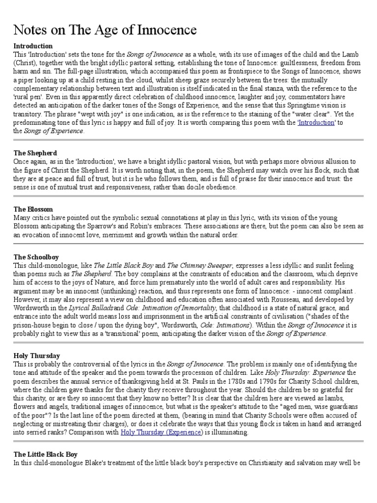 Analysis of Blake's Songs of Innocence | PDF | William Blake | Religion ...