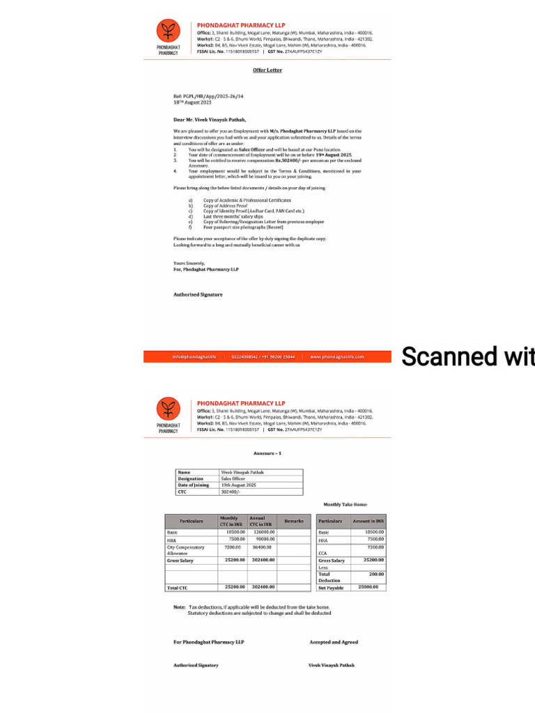 Offer Letter - Vivek Pathak | PDF