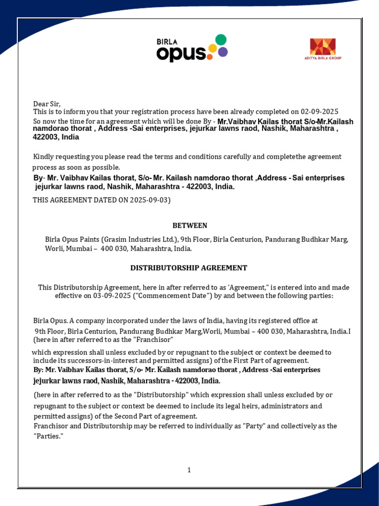 Birla Opus Distributorship Agreement | PDF | Franchising | Indemnity