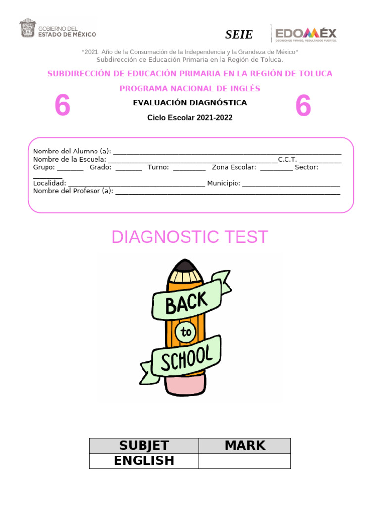Evaluación Diagnóstica de Inglés 2021 | PDF
