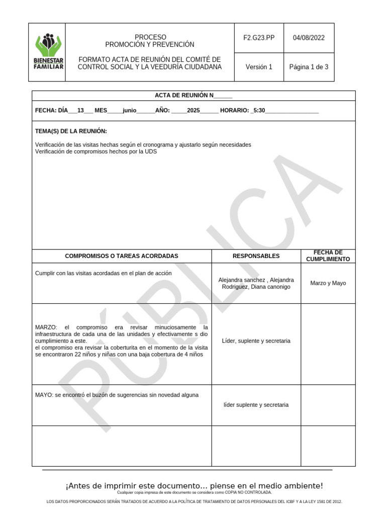 f2.g23.Pp Formato Acta de Reunion Del Comite de Control Social y La ...