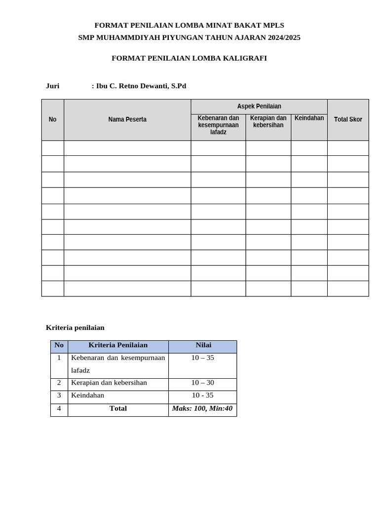 Form Penilaian Kaligrafi Dan Tari | PDF