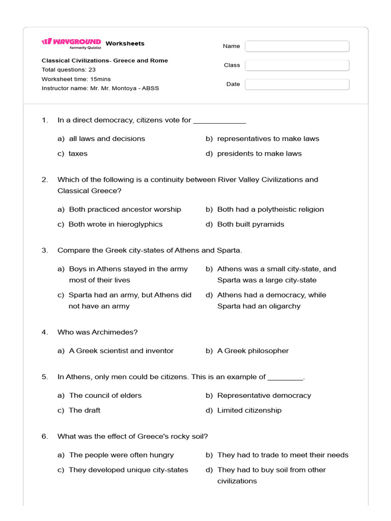 Classical Civilizations - Greece and Rome - Worksheet | PDF | Greeks ...