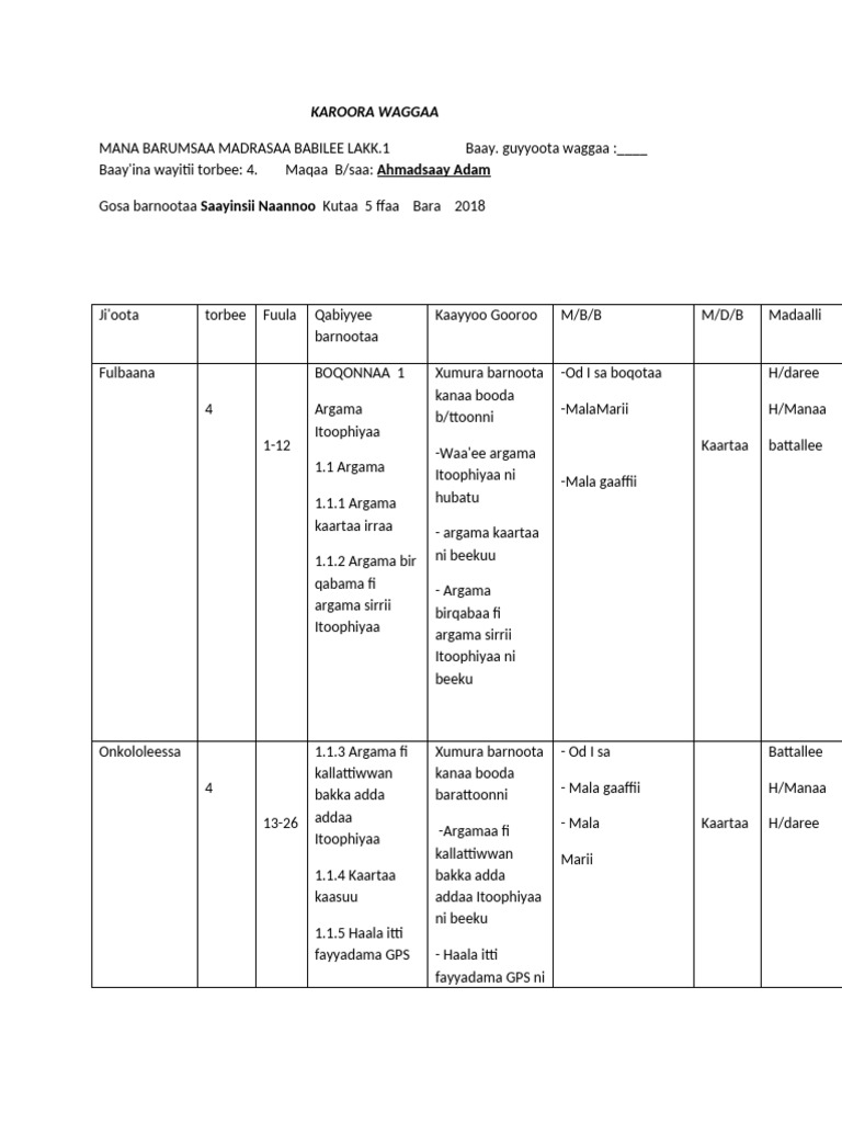 Karoora Waggaa S Nannoo Kutaa 5 2018 | PDF