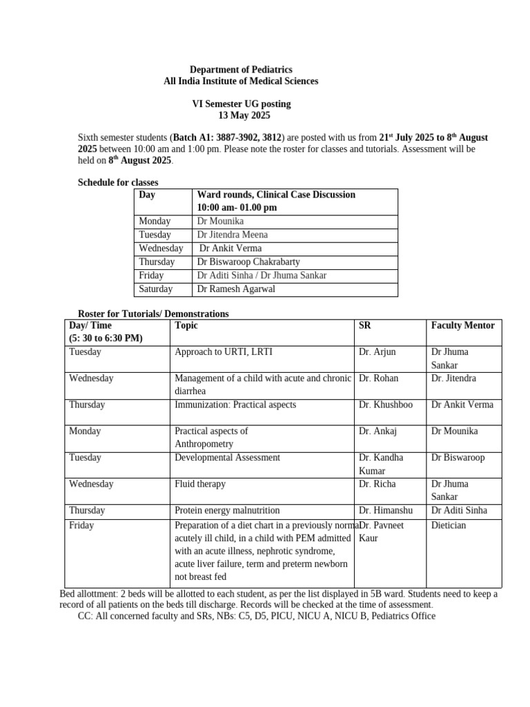 A1 6th Sem Roster July August 2025 | PDF | Diseases And Disorders ...