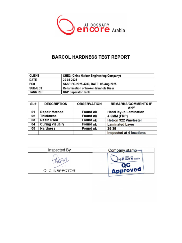 Barcol Hardness Test Results for Manhole Riser | PDF