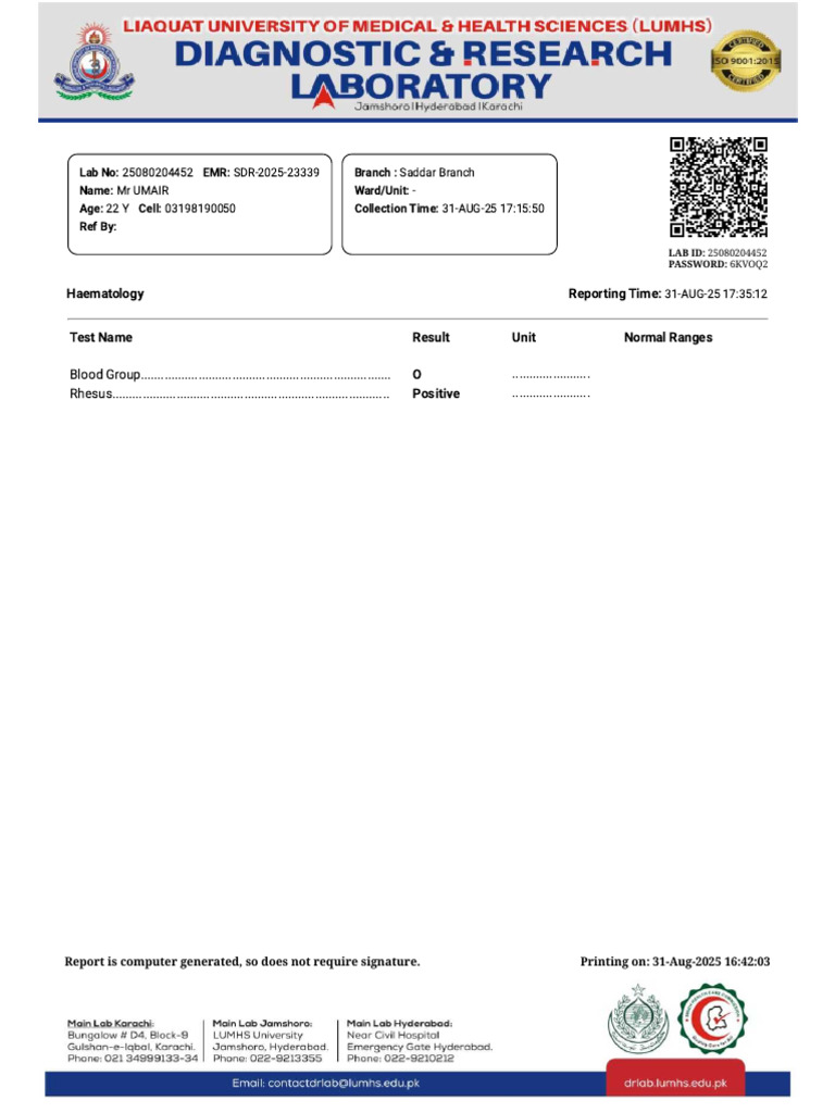 Blood Group Test Report for Mr. Umair | PDF