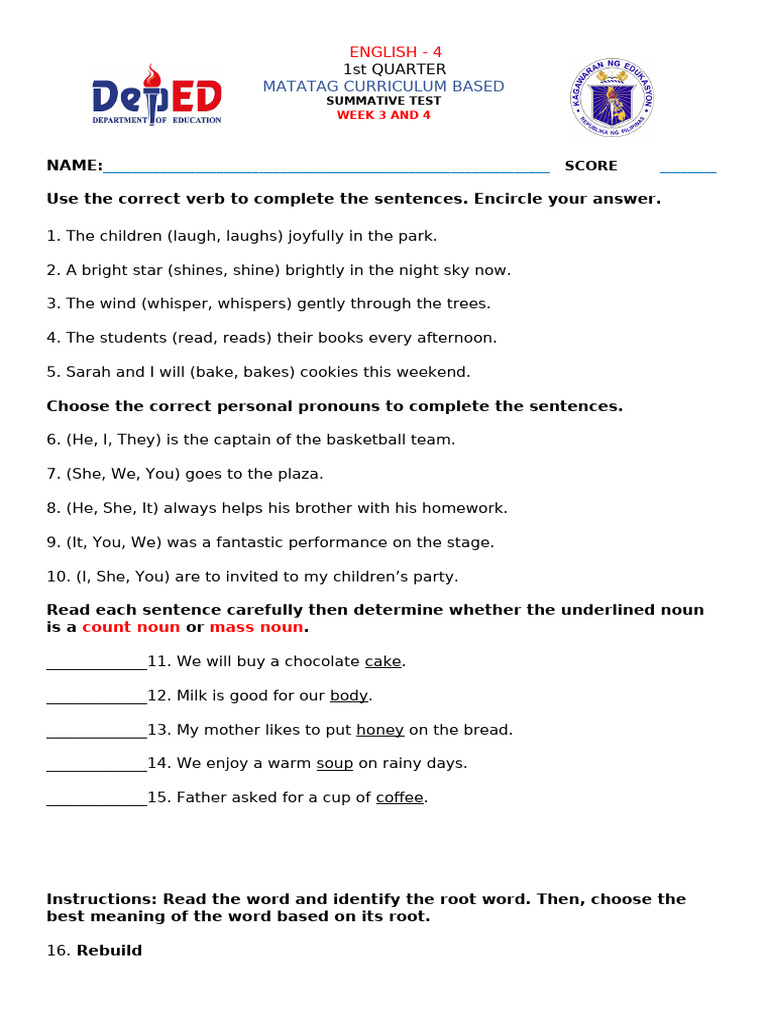 Summative Test Weeks 3-4: English 4 | PDF