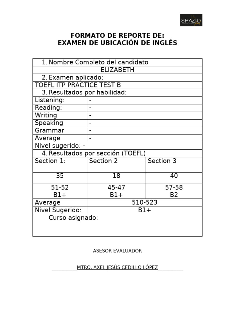 Formato Reporte de Resultados TOEFL | PDF