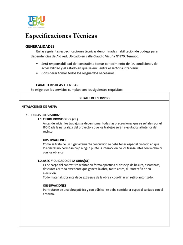 Especificaciones Técnicas para Bodega Aló Red | PDF | Ingeniería de ...