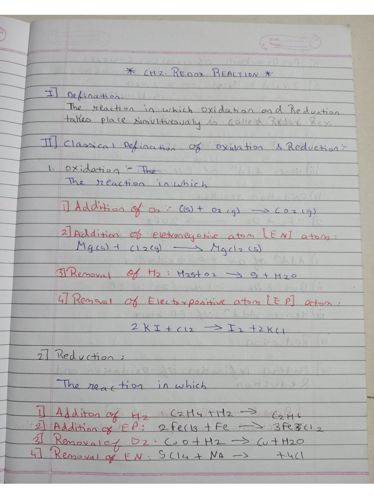 (Chemistry) Redox Reaction Notes | PDF
