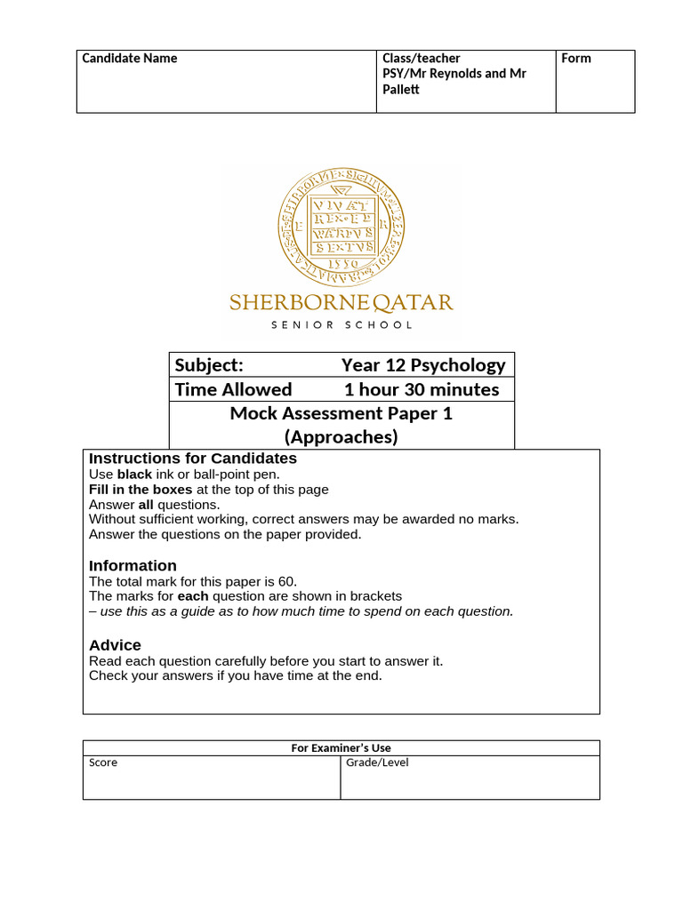 Year 12 Psychology Mock Exam Paper | PDF | Cognition | Psychological ...