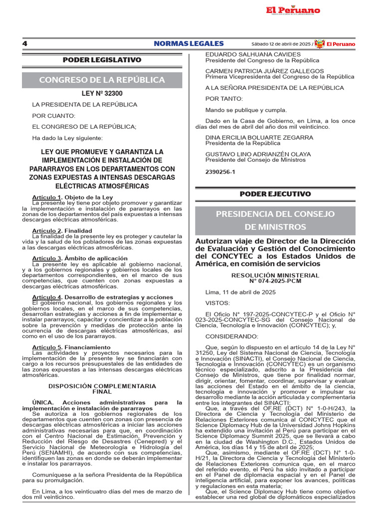 Ley 32300: Instalación de Pararrayos | PDF | Perú | Gobierno