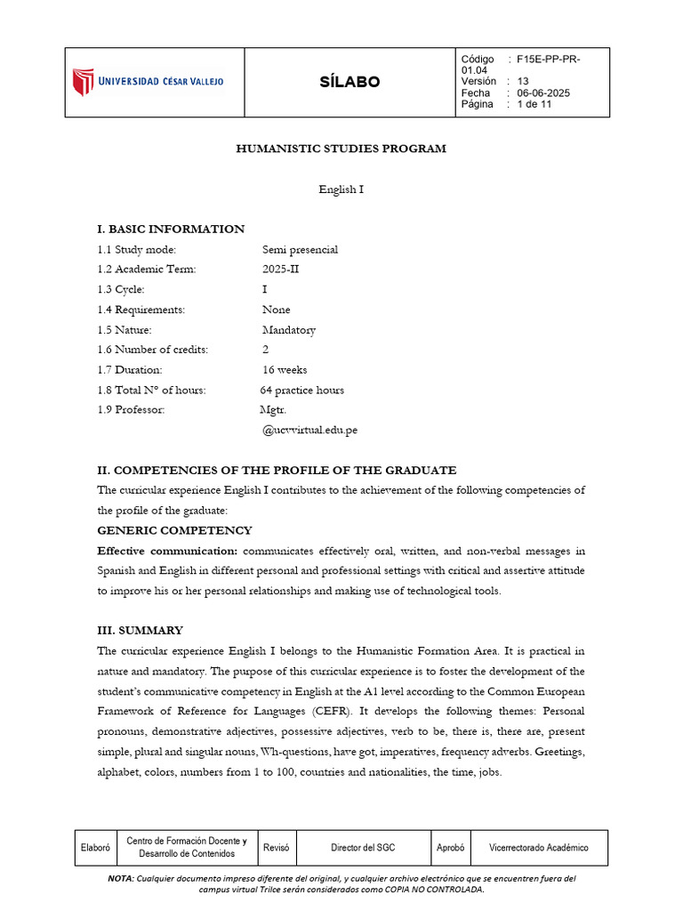 SÍLABO INGLÉS I-SEMIPRESENCIAL- 2025-II- CERRADO-EQUIPO REVISOR | PDF | Reading Comprehension ...
