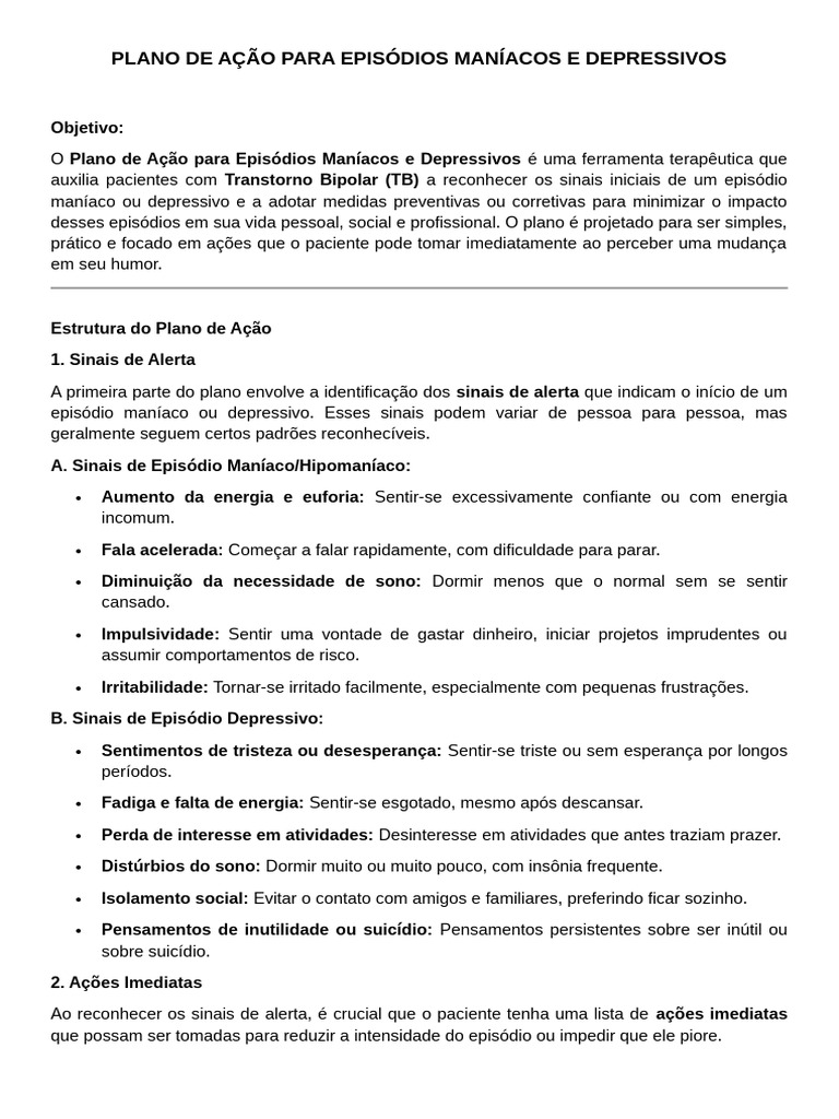 Plano de Ação para Episódios Maníacos e Depressivos | PDF | Depressão ...