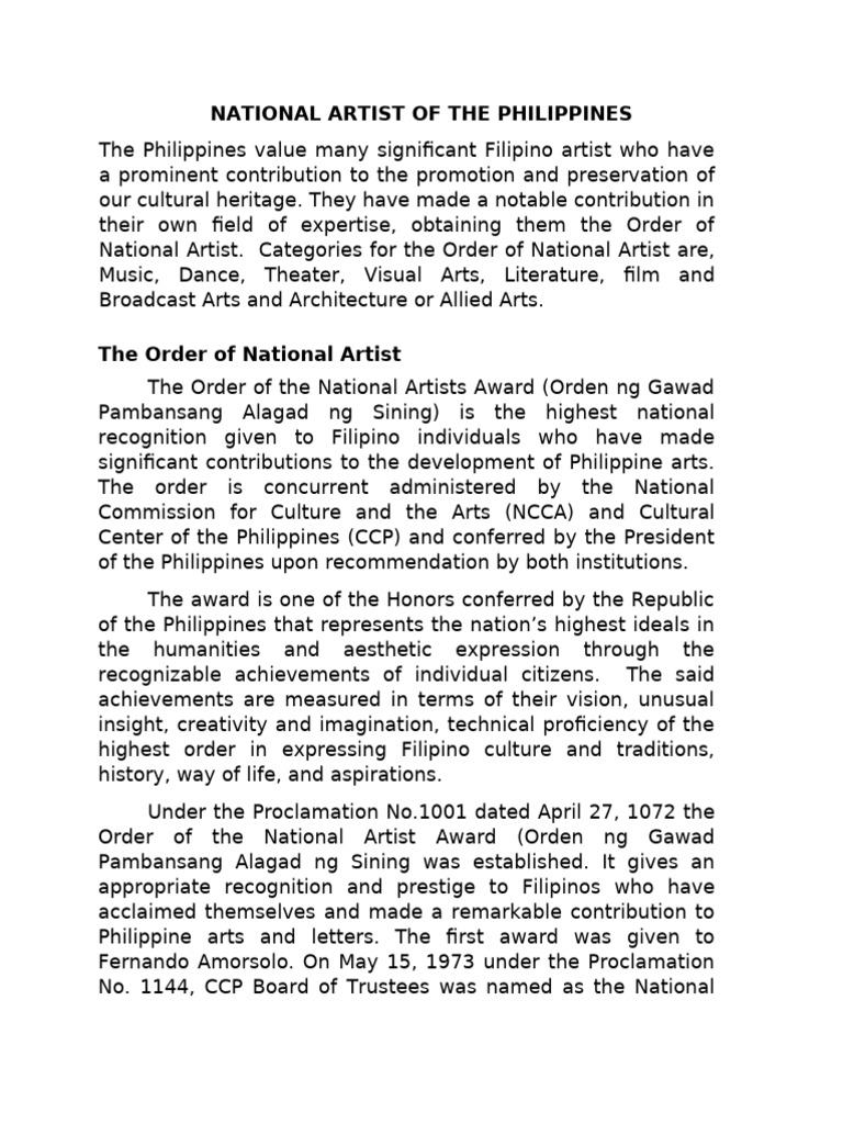 Proclamation No. 1144: National Artist Award | PDF | Philippines | The Arts