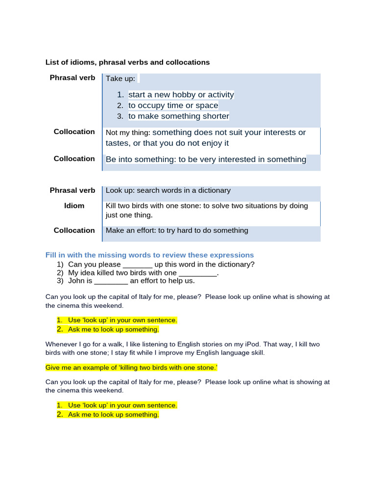Speaking Lesson - Idioms, Phrasal Verbs & Collocations | PDF | English ...
